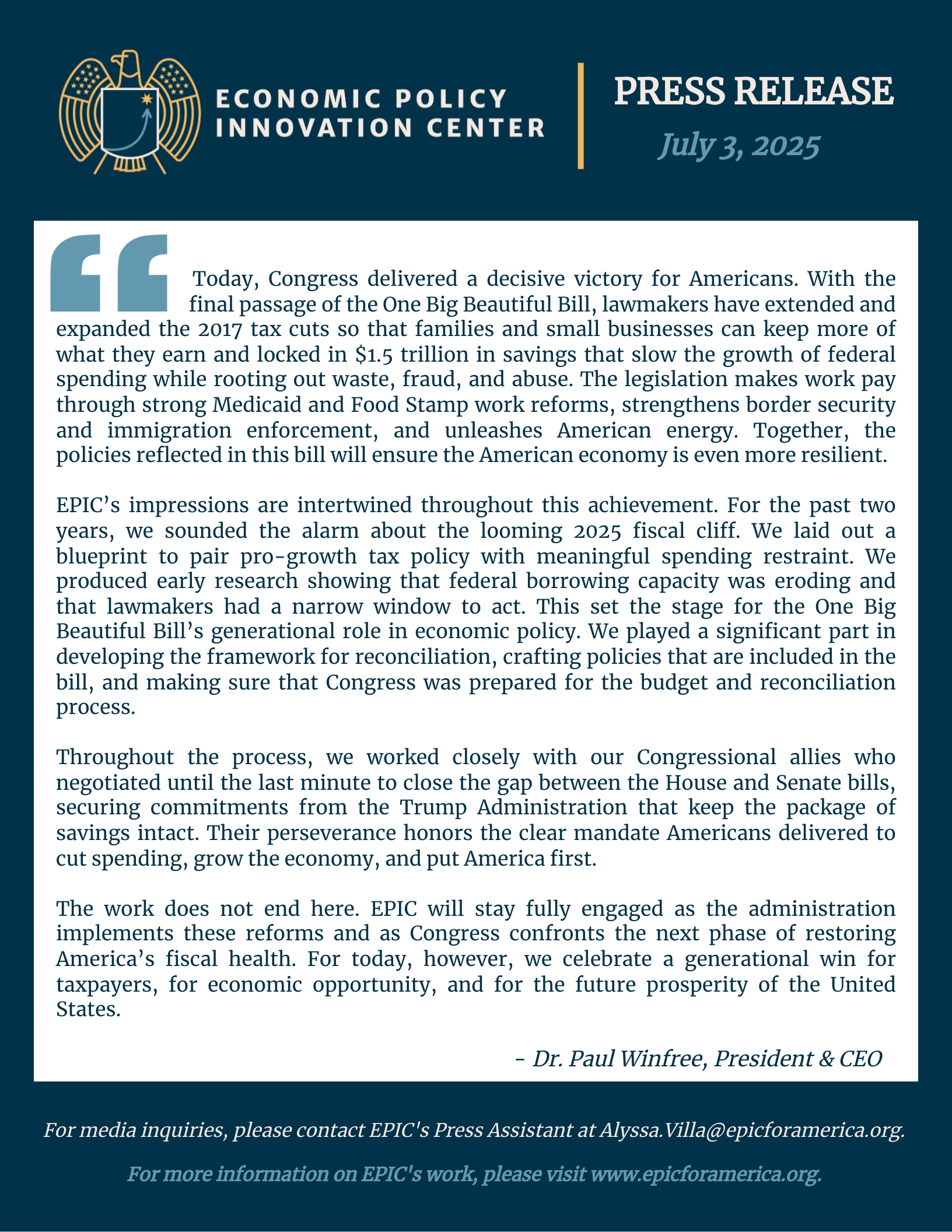 EPIC's Statement on the Passage of the One Big Beautiful Bill - EPIC for America